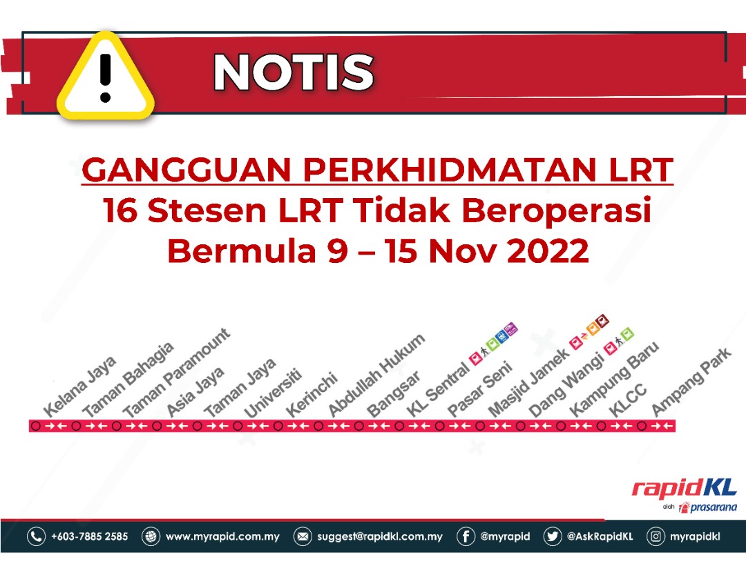 16 Stations On LRT Kelana Jaya Line Closed From 9 – 15 November 2022